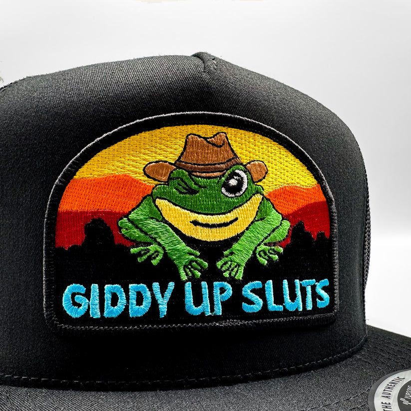 Giddy Up Sluts Classic Trucker Hat, Funny Patch on Black Yupoong 6006 ...