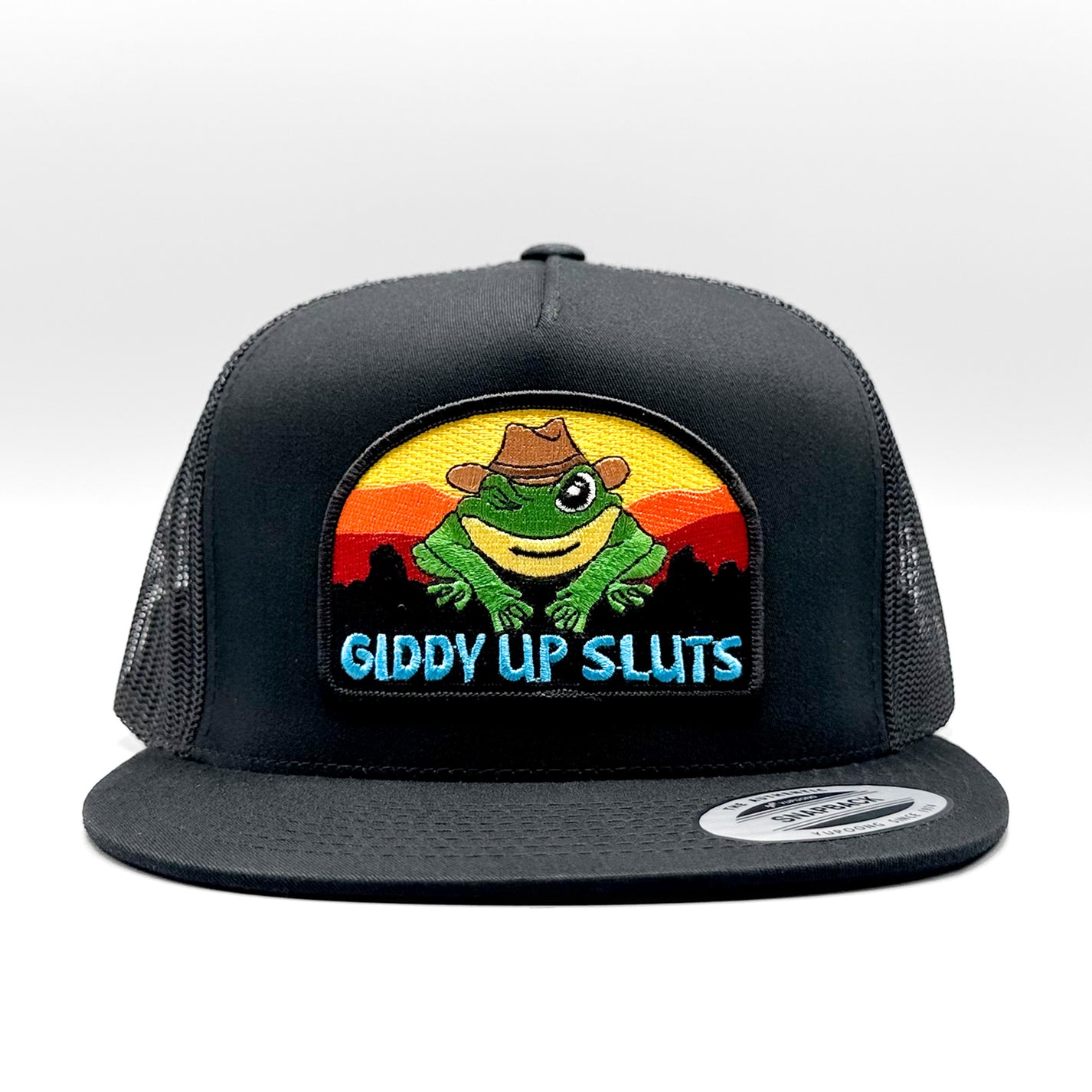 Giddy Up Sluts Classic Trucker Hat, Funny Patch on Black Yupoong 6006 – Vintage Truckers