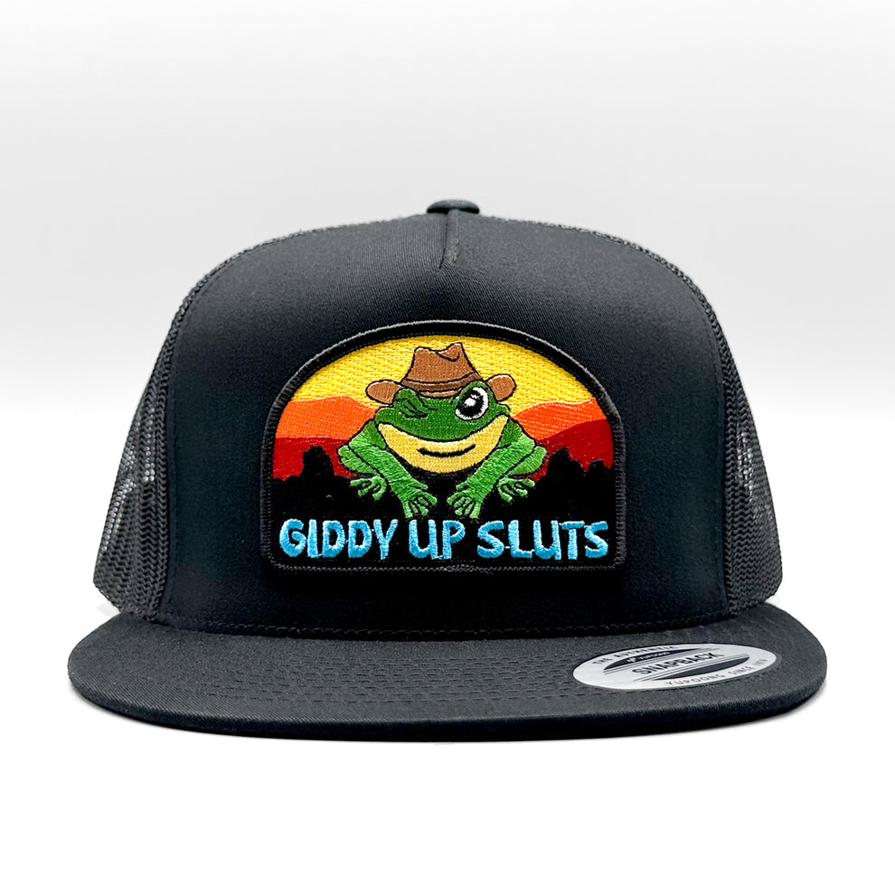 Giddy Up Sluts Classic Trucker Hat, Funny Patch on Black Yupoong 6006 ...