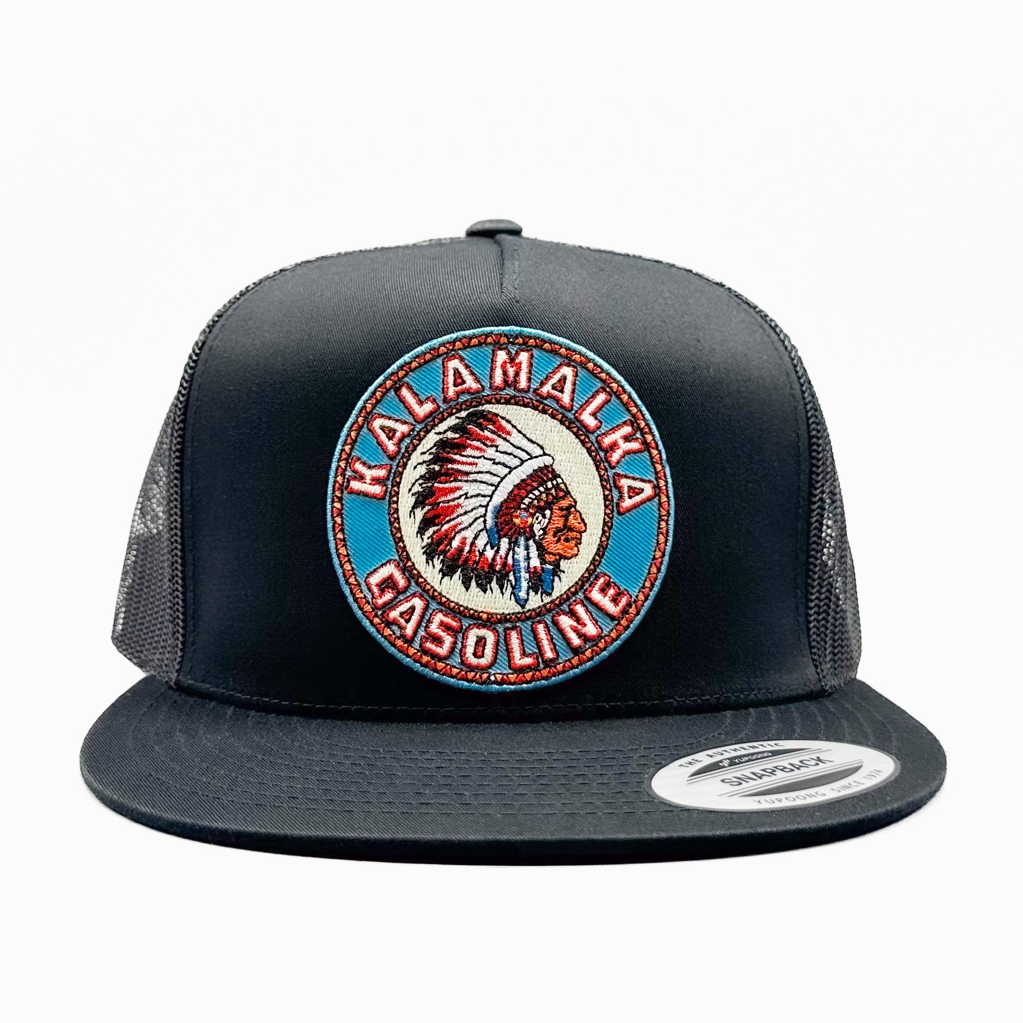 Kalamalka Gasoline Trucker Hat, Retro Indian Gas Patch on Yupoong 6006 ...