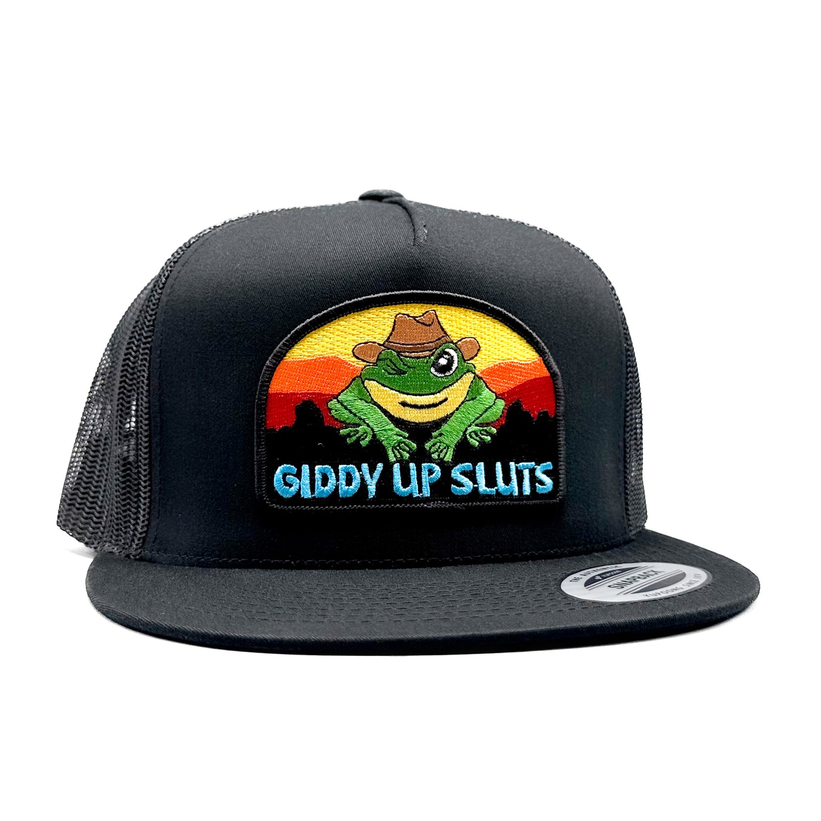 Giddy Up Sluts Classic Trucker Hat, Funny Patch on Black Yupoong 6006 ...