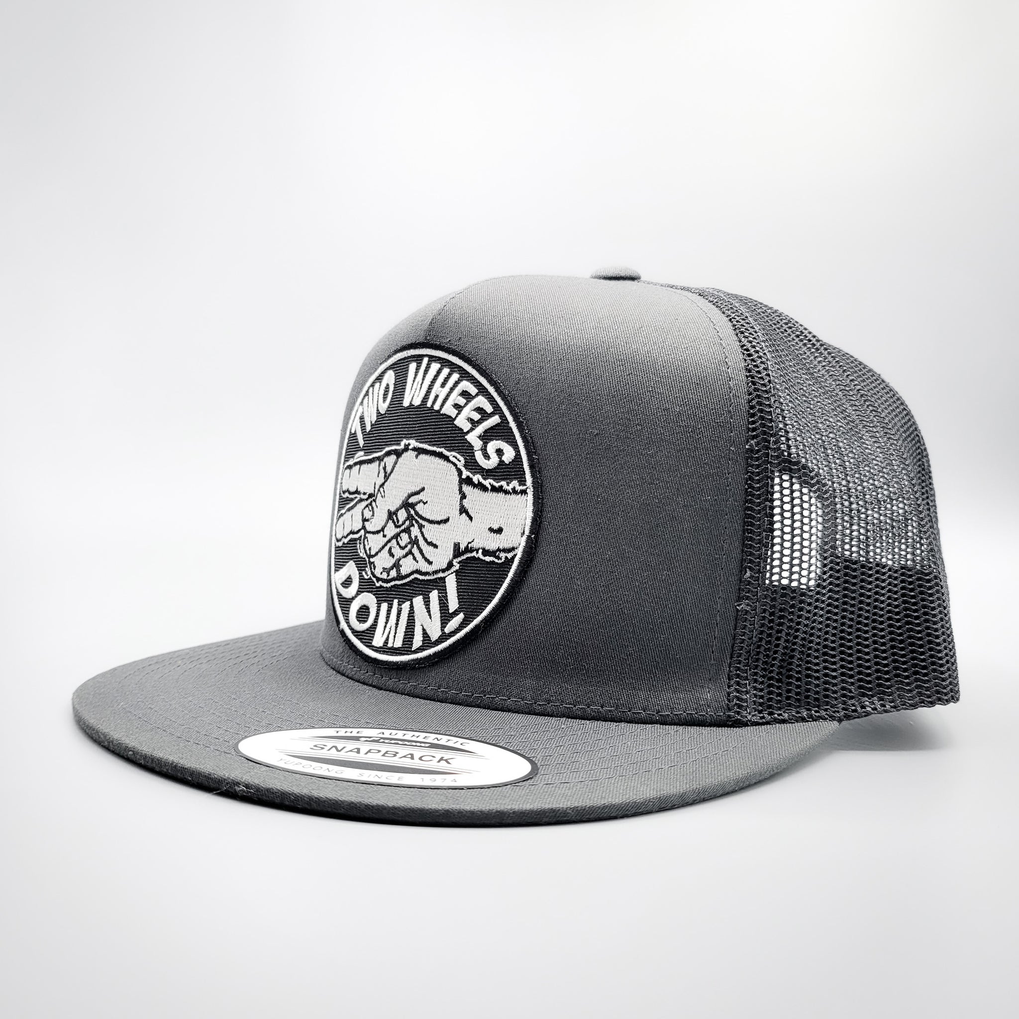 Two Wheels Down Motorcycle Trucker Hat, Embroidered Patch on Charcoal ...
